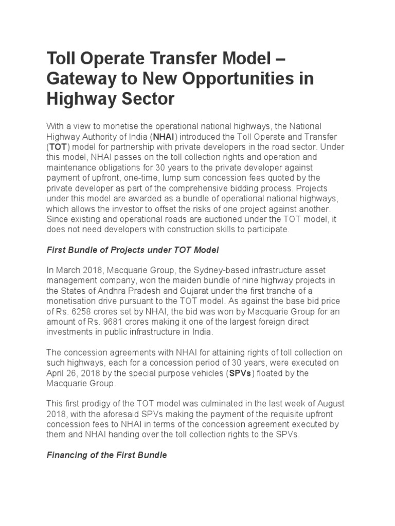 TOT Model Toll Operate Transfer Model | PDF | Financial Transaction | Banks
