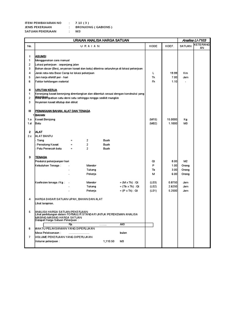 Analisa Harga Satuan Pekerjaan Bronjong | PDF