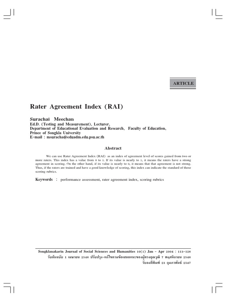 Rater Agreement Index (RAI) : Surachai Meechan | PDF | Psychology ...