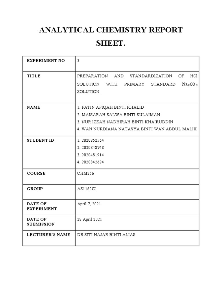 PREPARATION AND STANDARDIZATION OF HCL SOLUTION WITH PRIMARY STANDARD ...
