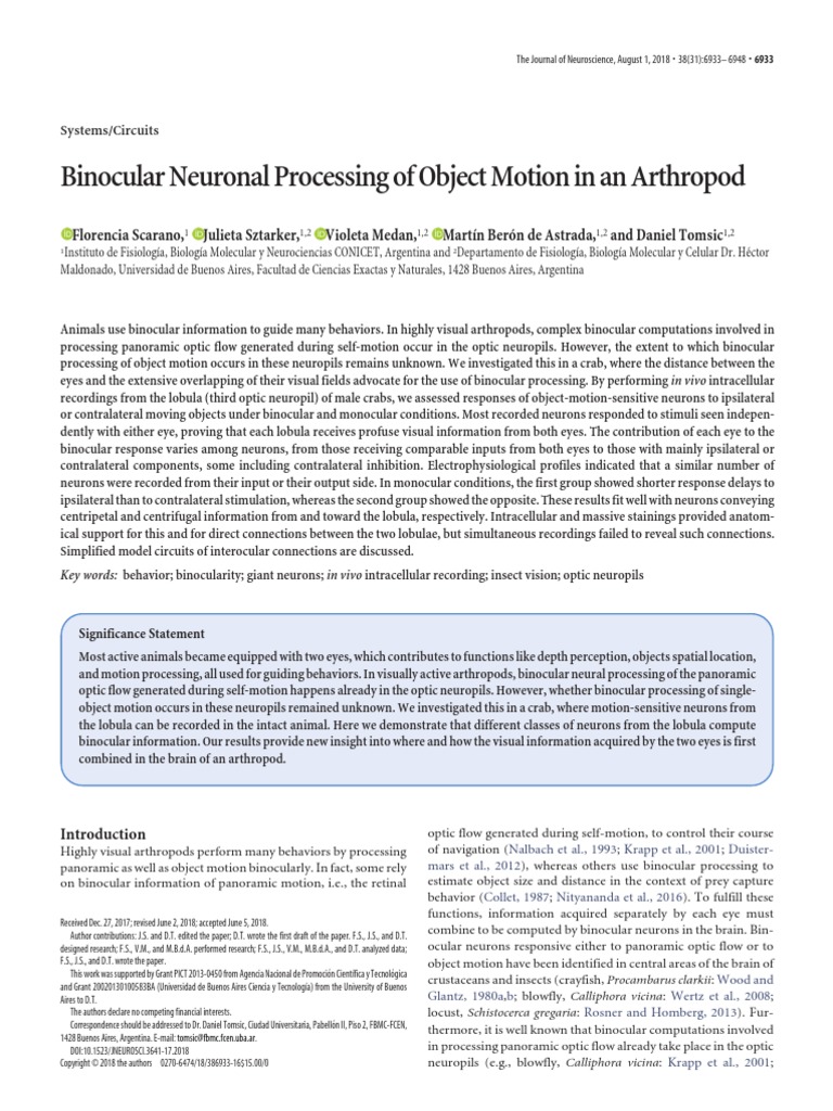 Binocular Neuronal Processing of Object Motion in An Arthropod | PDF | Stimulus (Physiology ...