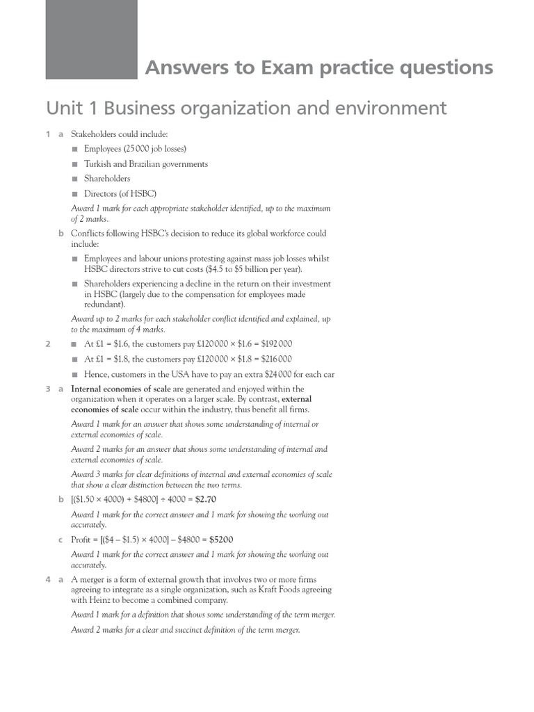 Answers To Exam Practice Questions: Unit 1 Business Organization and ...