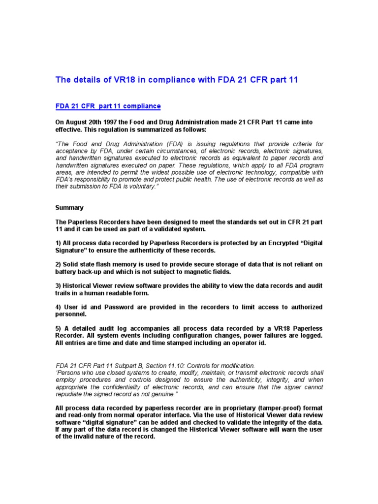 FDA 21 CFR Part 11 Compliance Document | PDF | Password | Records ...