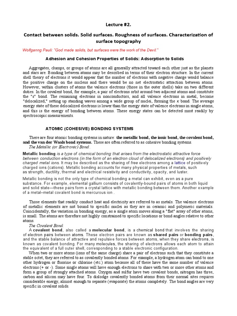 Lecture 2 Contact Between Solids Solid Surfaces Roughness Of Surfaces Characterization Of
