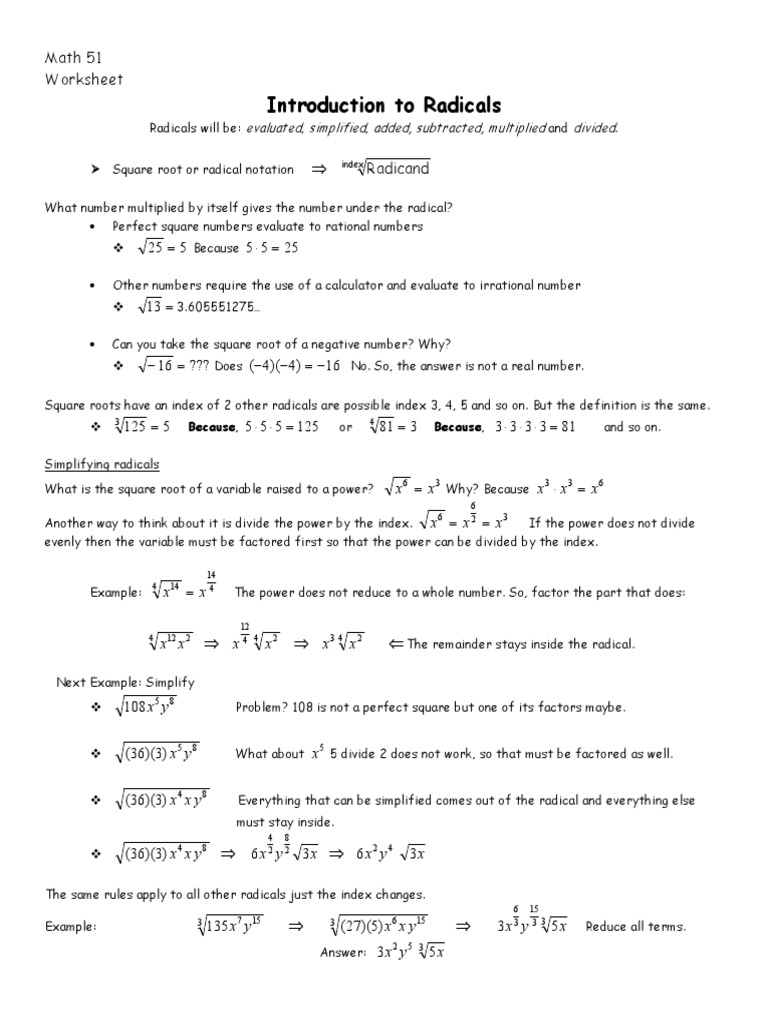 Introduction To Radicals | PDF | Multiplication | Numbers