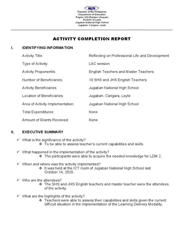 Activity Completion Report: I. Identifying Information | PDF | Human ...