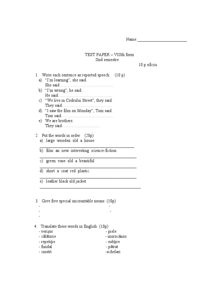 Test Engleza Cls 8 | PDF
