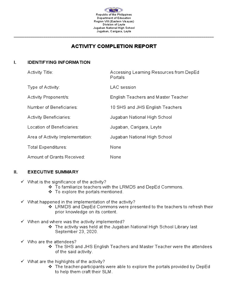 Activity Completion Report: I. Identifying Information | Download Free ...
