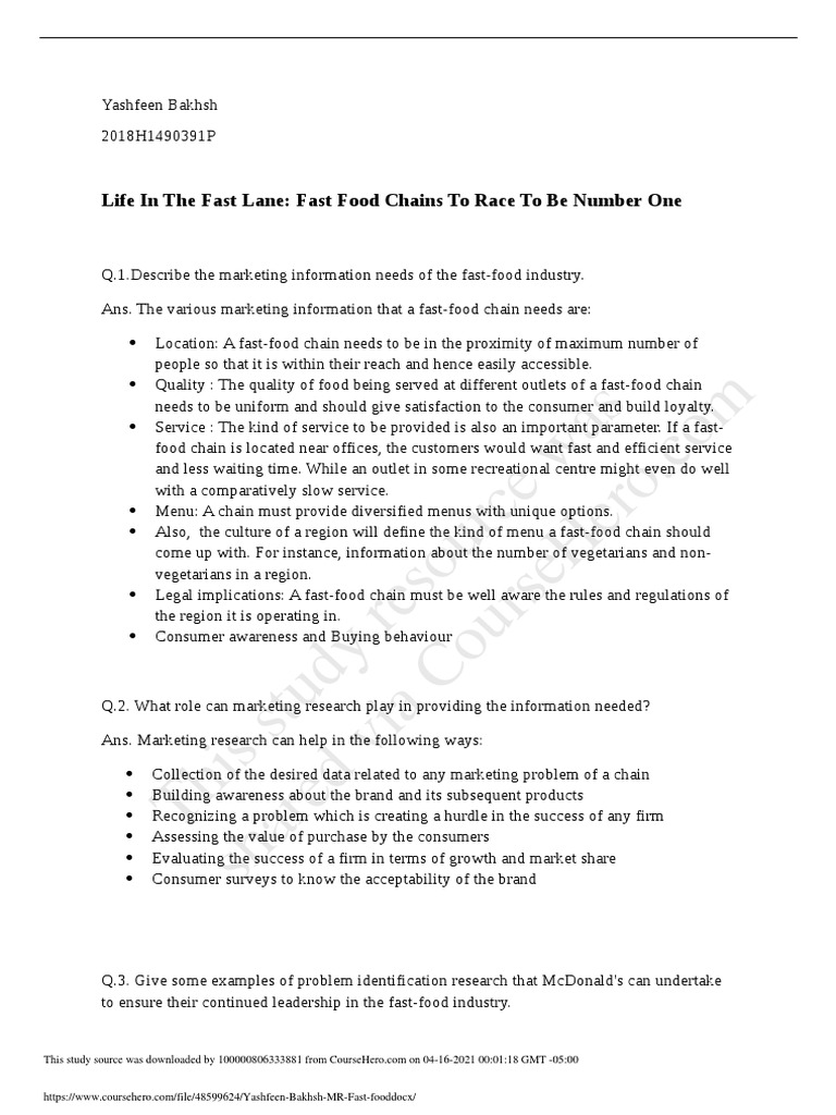 Fast Food Marketing Research Needs | PDF | Marketing Research | Fast Food