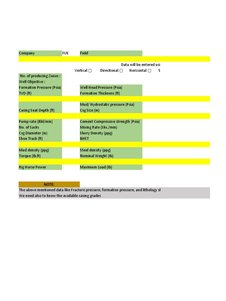Drilling Data Sheet | PDF | Casing (Borehole) | Oil Well