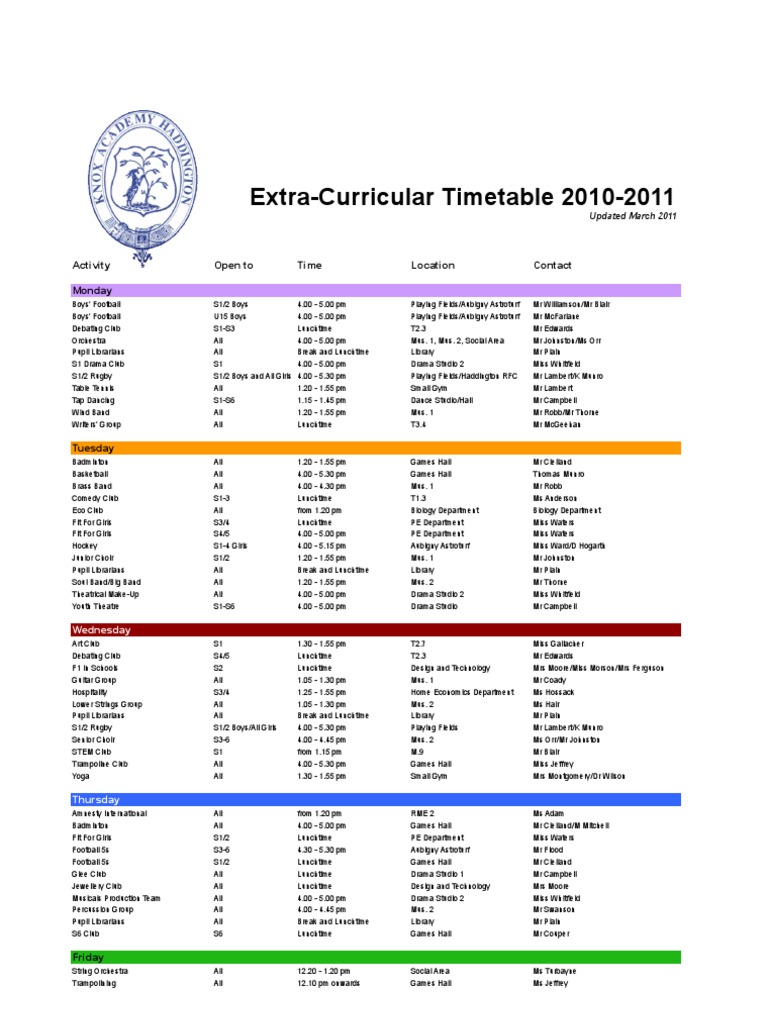 Extra-Curricular Timetable 2010-11 Spring | PDF