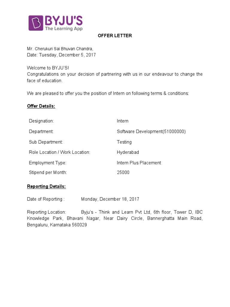 Offer Letter: Cherukuri Sai Bhuvan Chandra | PDF