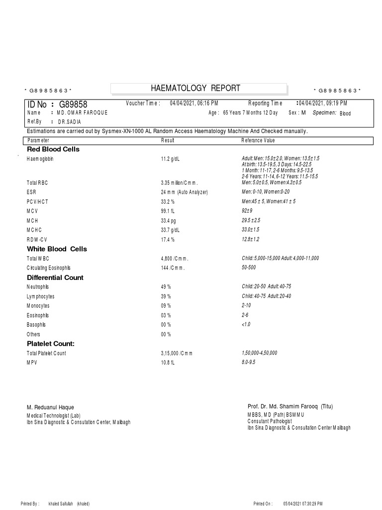 G89858 Id No: Haematology Report | PDF | White Blood Cell | Biology