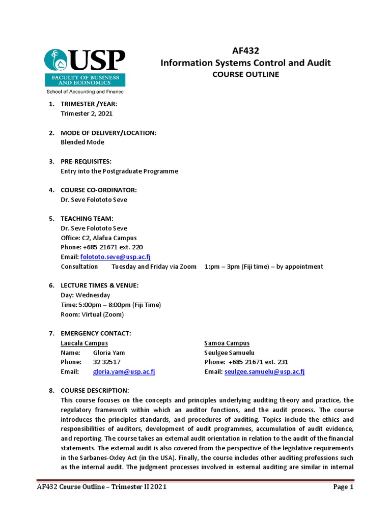 AF432 Course Outline Trimester 2 2021 | PDF | Audit | Lecture