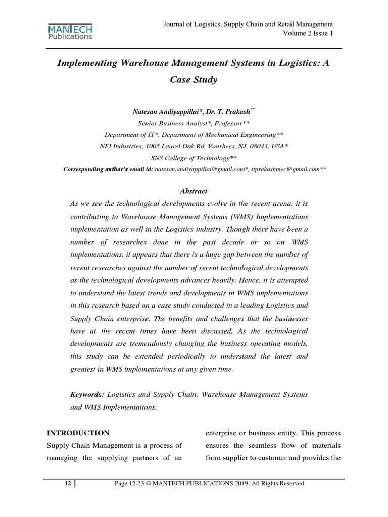 Implementing Warehouse Management Systems Inlogistics A Case Study ...