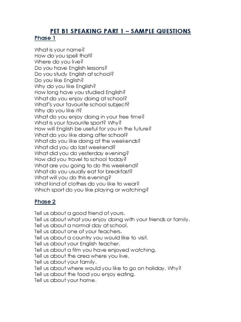 Speaking Part 1 Sample Questions | PDF