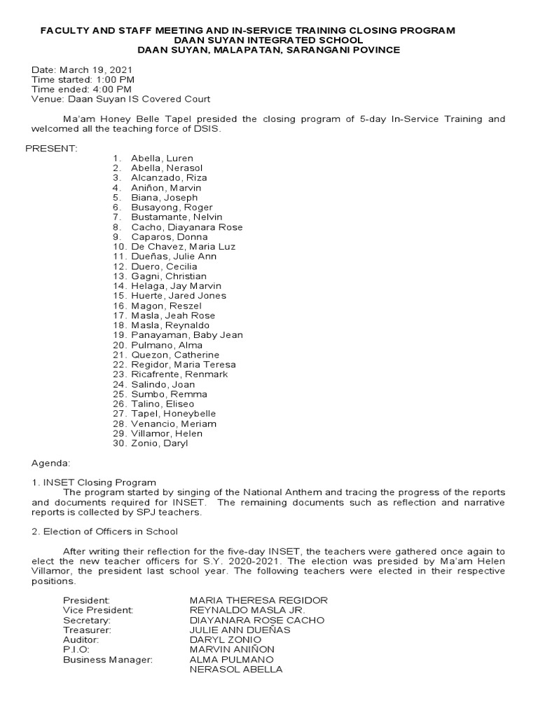 Minutes March 19 INSET CLOSING PROGRAM | PDF