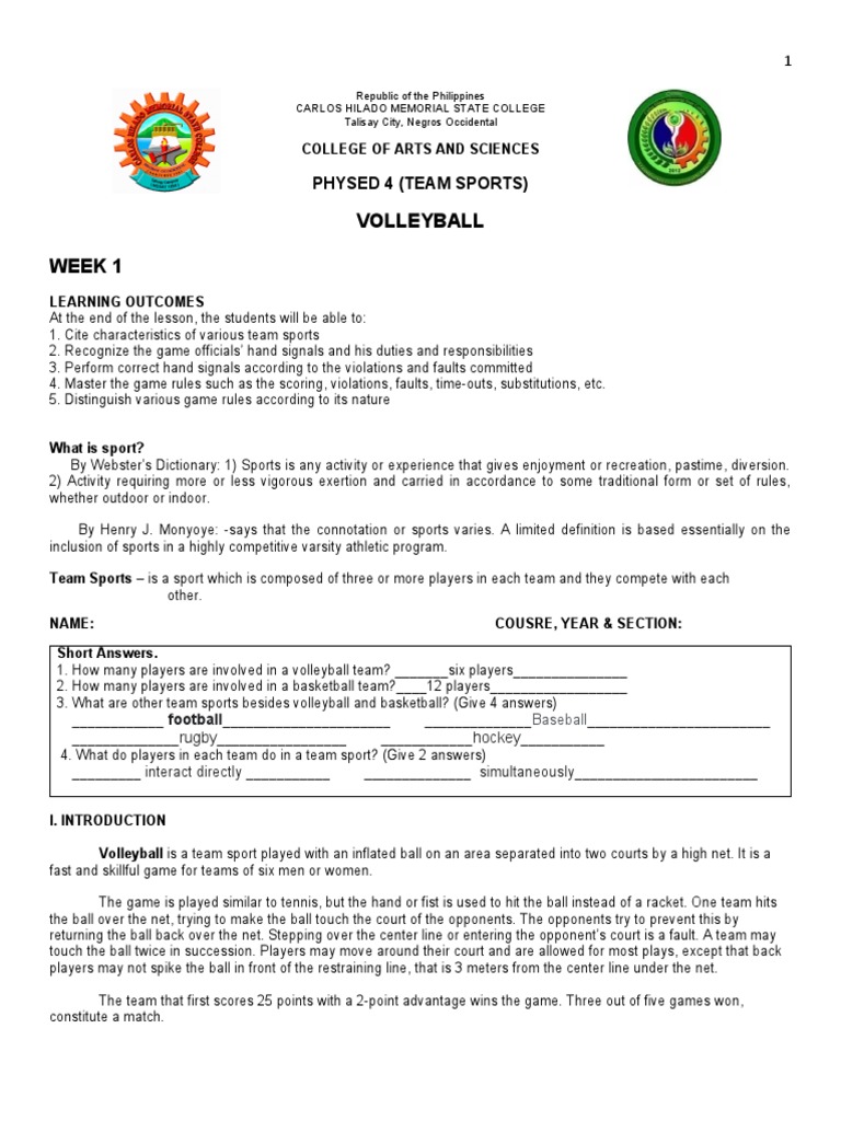 Volleyball Week 1 Assignment 1 | PDF | Volleyball | Recreation