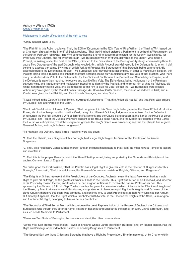 Ashby V White | Download Free PDF | Legal Remedy | House Of Commons Of ...
