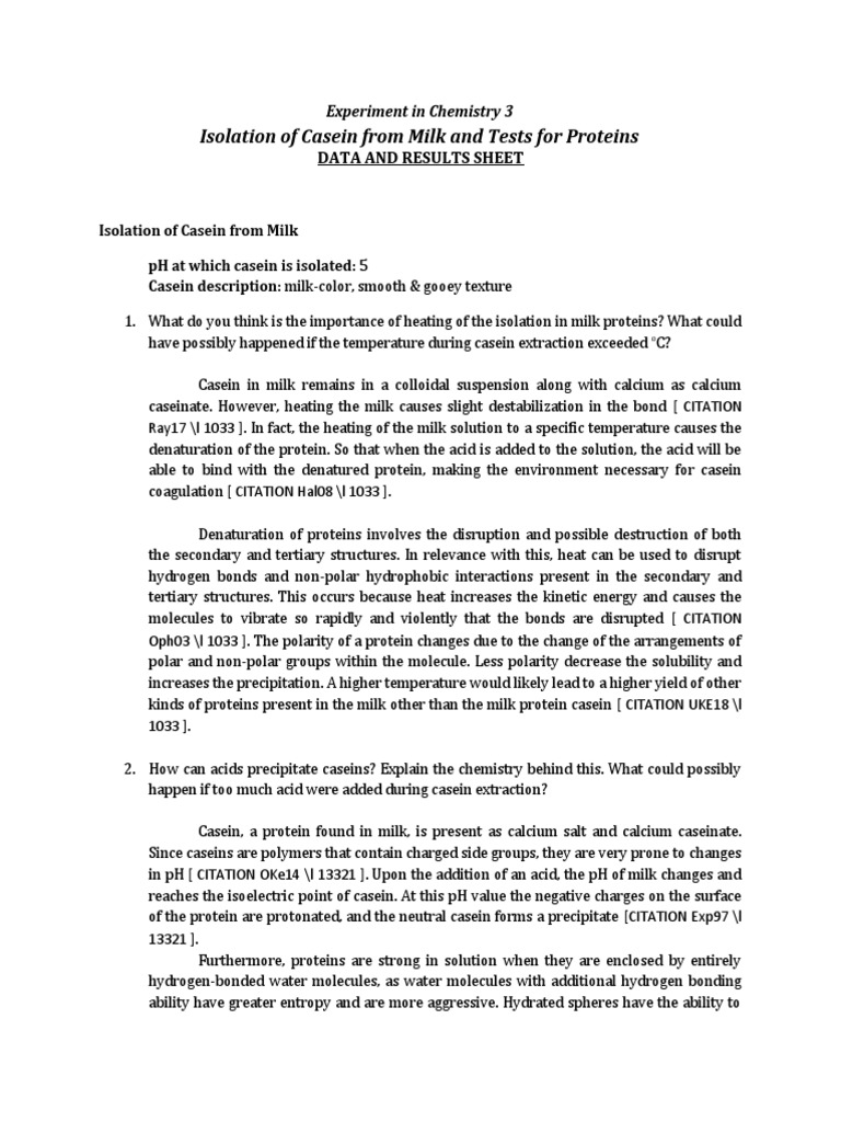 Isolation of Casein From Milk and Tests For Proteins: Data and Results ...