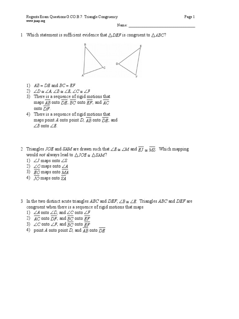Triangle Congruency Regents Exam Guide | PDF | Elementary Geometry ...