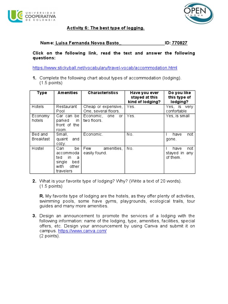 Activity 6 - Learning About Types of Lodging | PDF