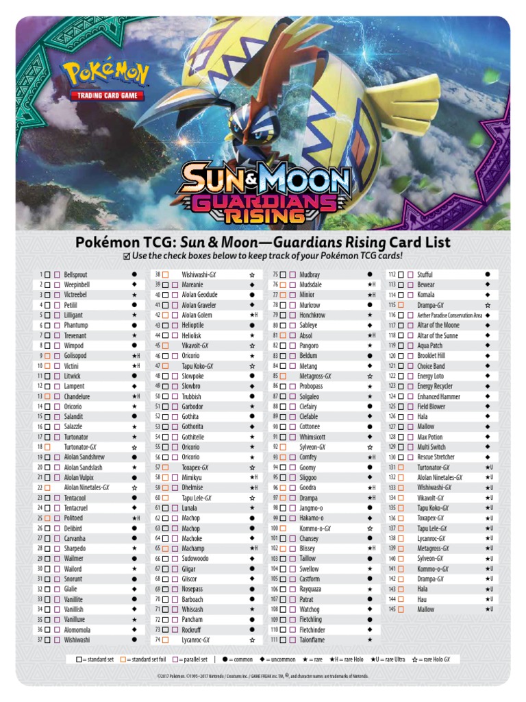 Pokémon TCG: Sun & Moon-Guardians Rising Card List: Use The Check Boxes ...