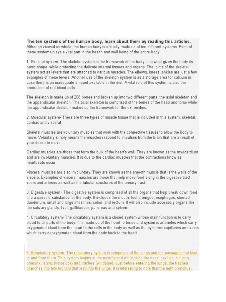 The Ten Systems of The Human Body | PDF | Lung | Human Body