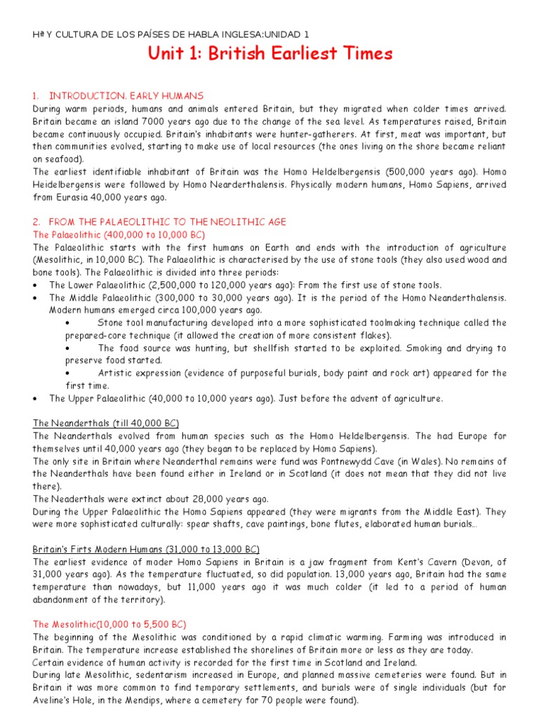 Unit 1: British Earliest Times: 1. Introduction. Early Humans | PDF ...