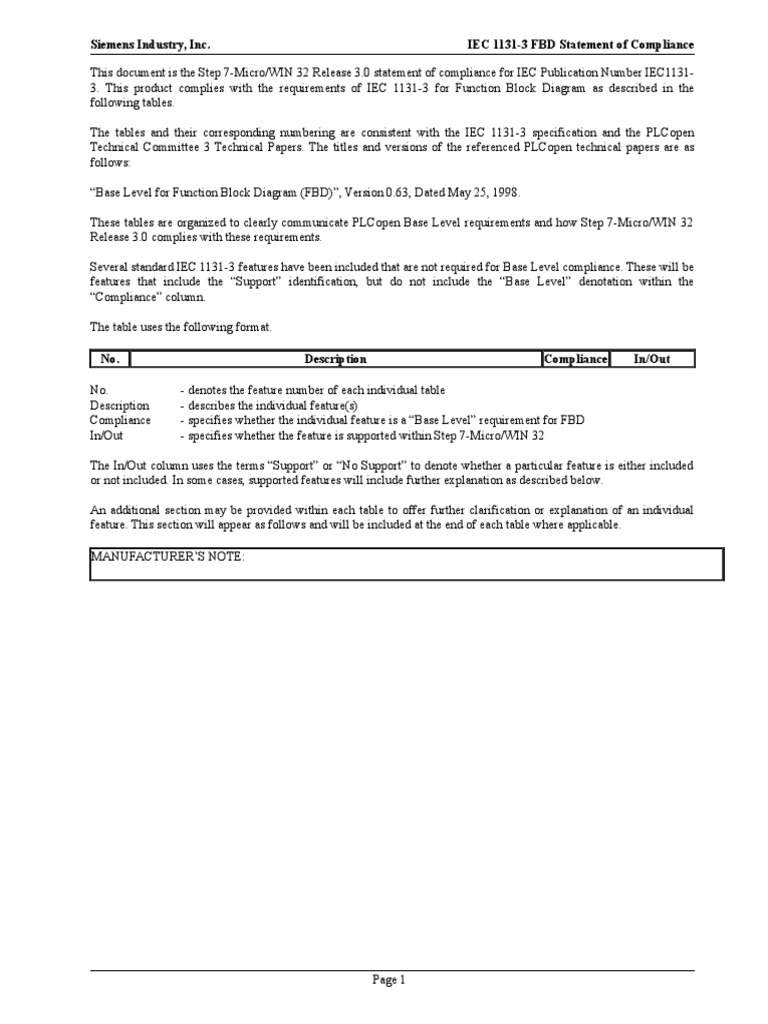Siemens Industry, Inc. IEC 1131-3 FBD Statement of Compliance: Document ...
