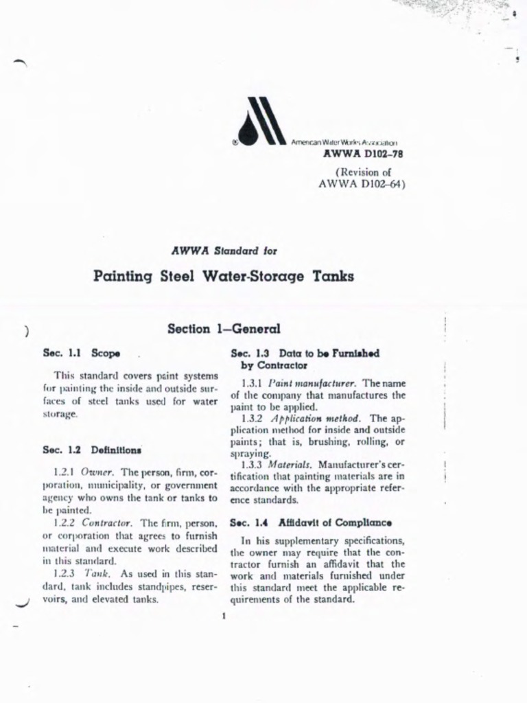 AWWA D102-78 Painting Steel Water-Storage Tanks | PDF