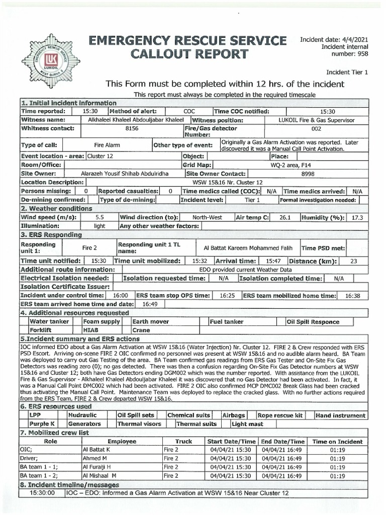 Emergency Rescue Service Callout Report: I I I I I I I | PDF | Safety ...