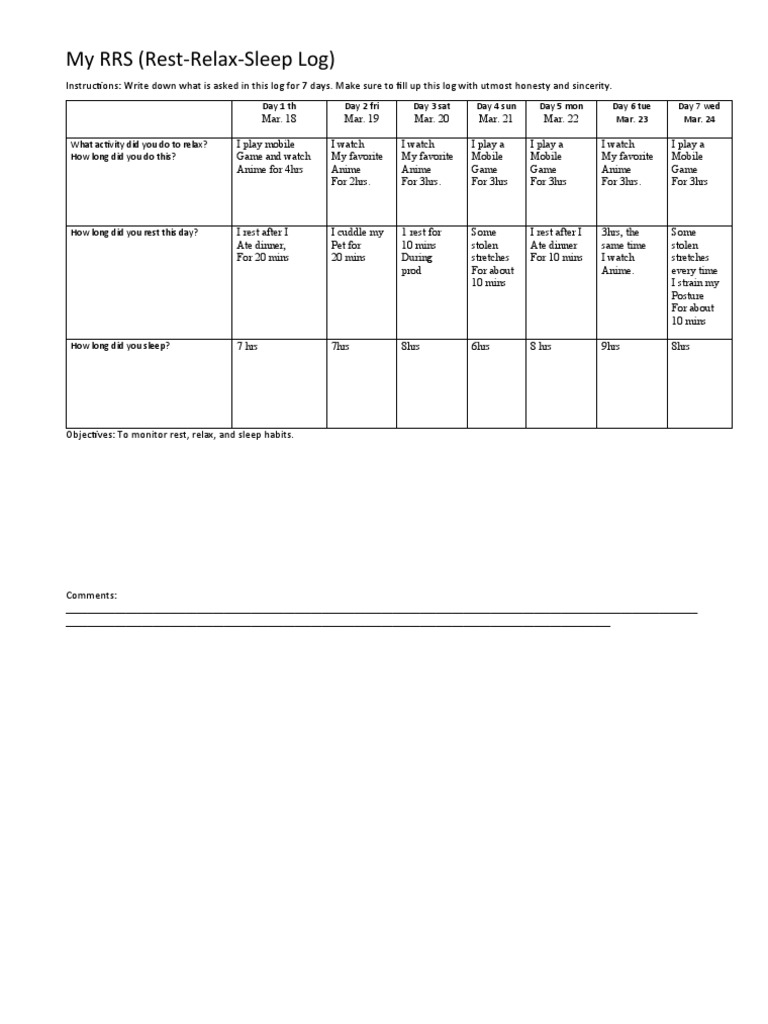 My RRS (Rest-Relax-Sleep Log) | PDF
