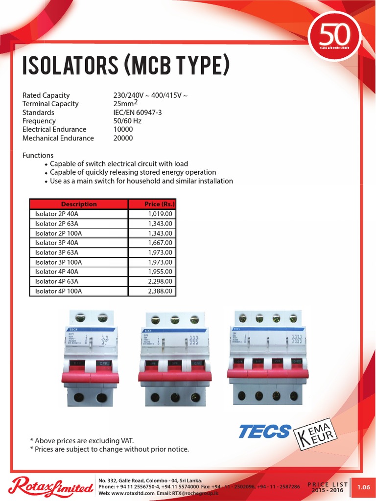 ISOLATORS (MCB Type) : Description Price (RS.) | Download Free PDF ...