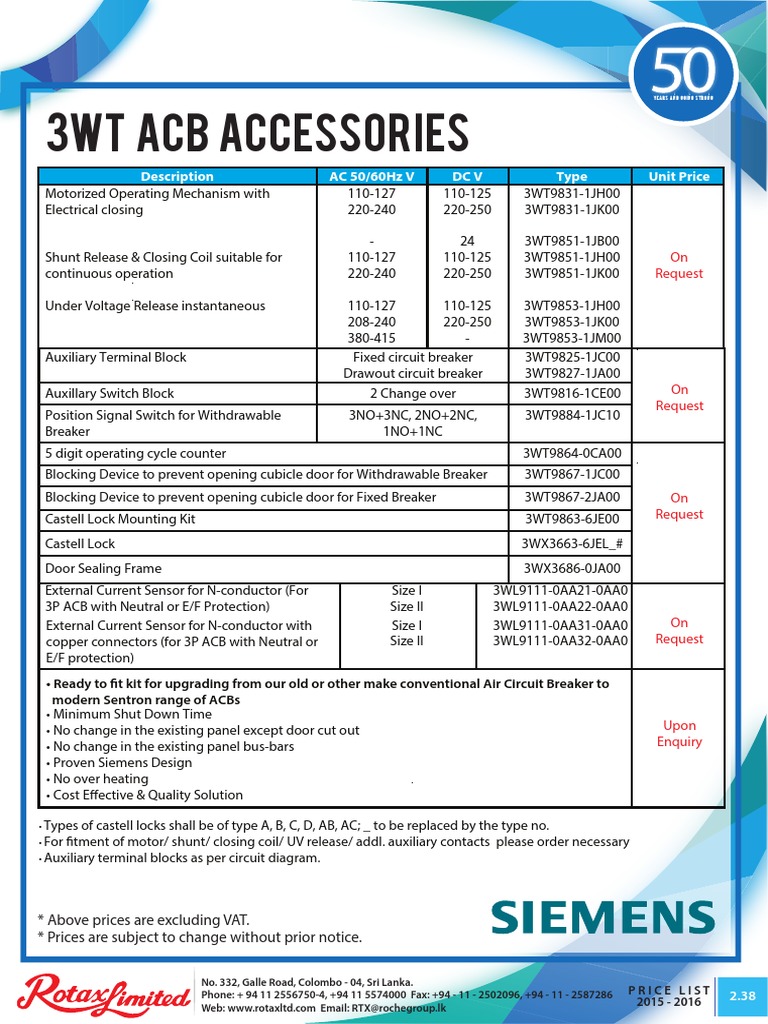 3wt Acb Accessories: Description AC 50/60Hz V DCV Type Unit Price | PDF ...