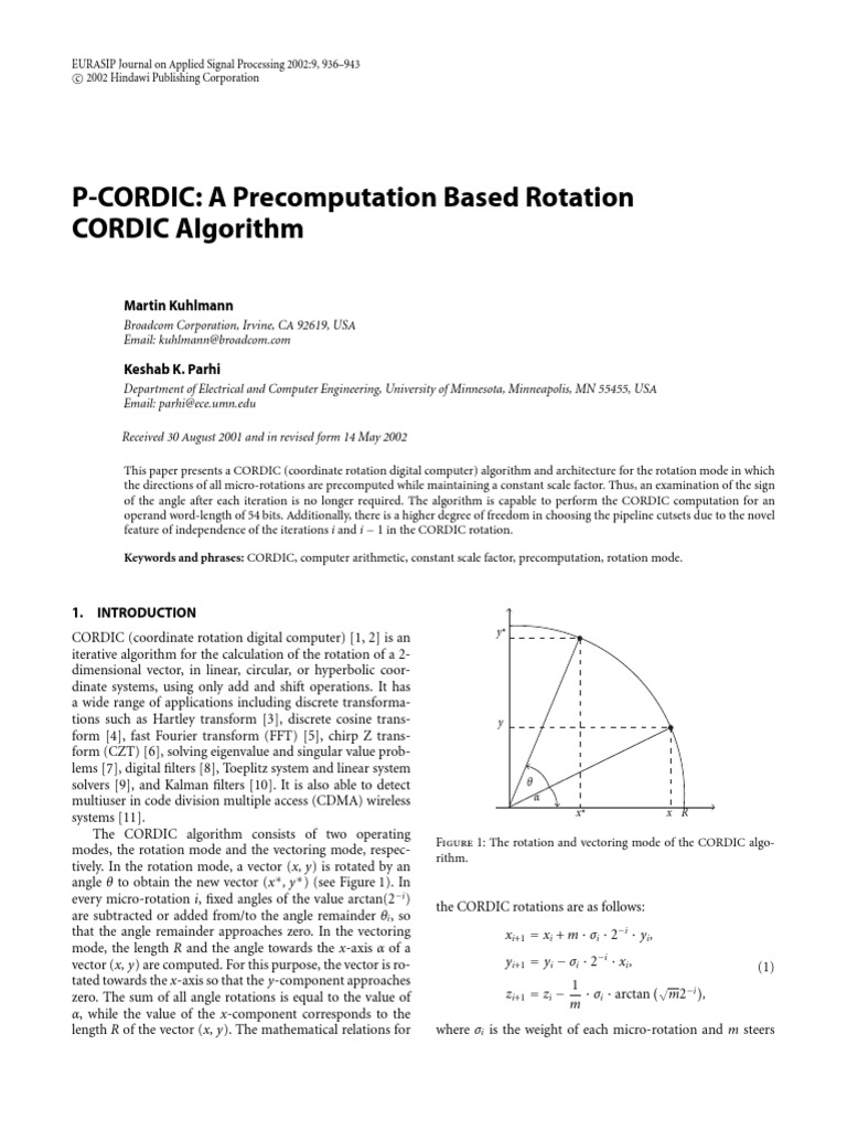P Cordic A Precomputation Based Rotation Cordic Algorithm Martin 9541