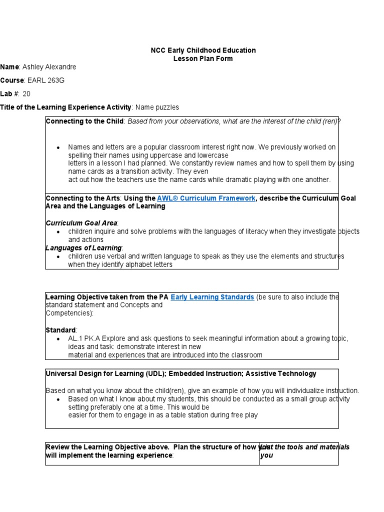 Name Puzzle Lesson Plan | PDF | Differentiated Instruction | Lesson Plan