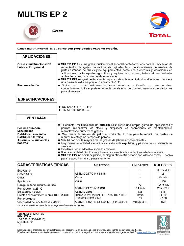 TDS - Total - Multis Ep 2 - 626 - 202007 - Es - Esp | PDF | Lubricante | Materiales