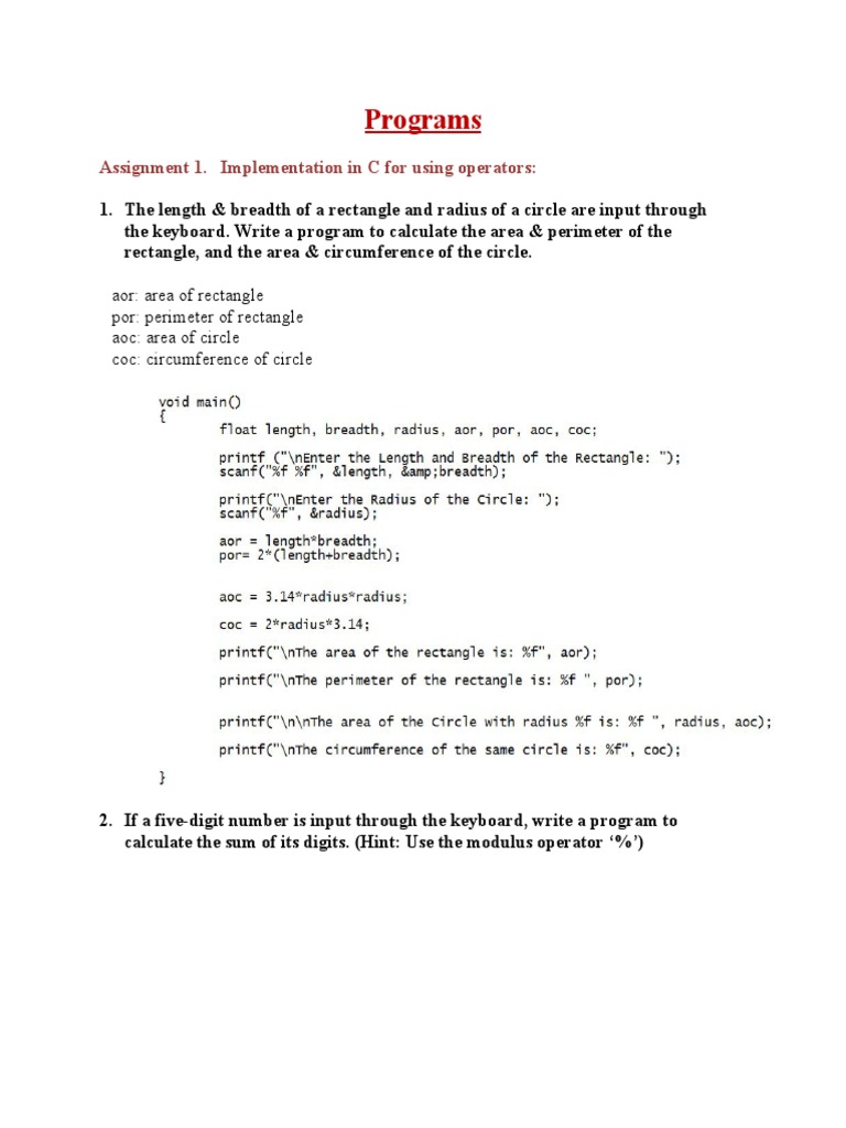Programs: Assignment 1. Implementation in C For Using Operators | PDF ...