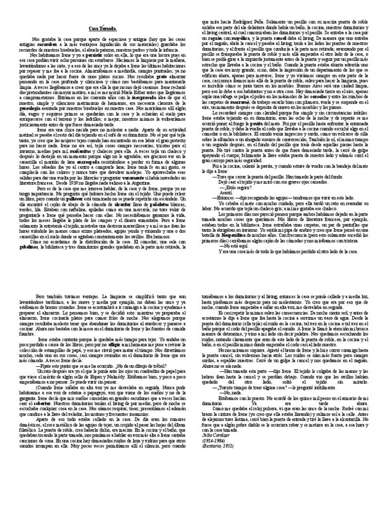 Julio Cortazar Casa Tomada Texto Vocabulario | PDF