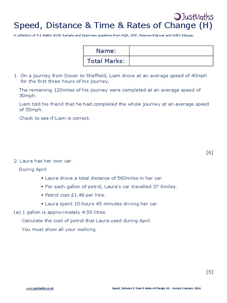 Speed, Distance & Time & Rates of Change (H) : Name: Total Marks | PDF ...