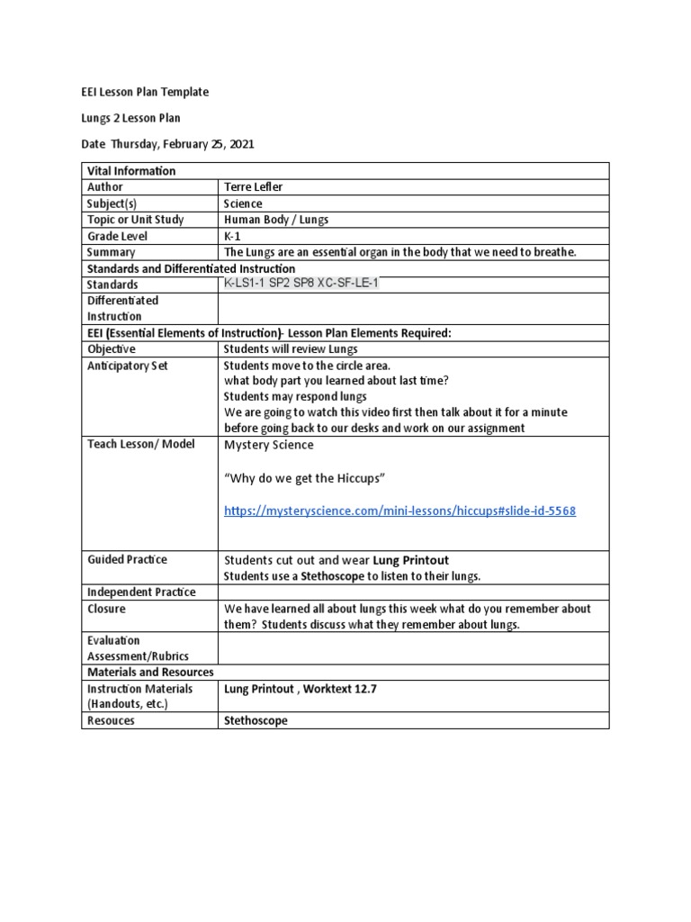 Lungs Lesson 5 Plan | PDF