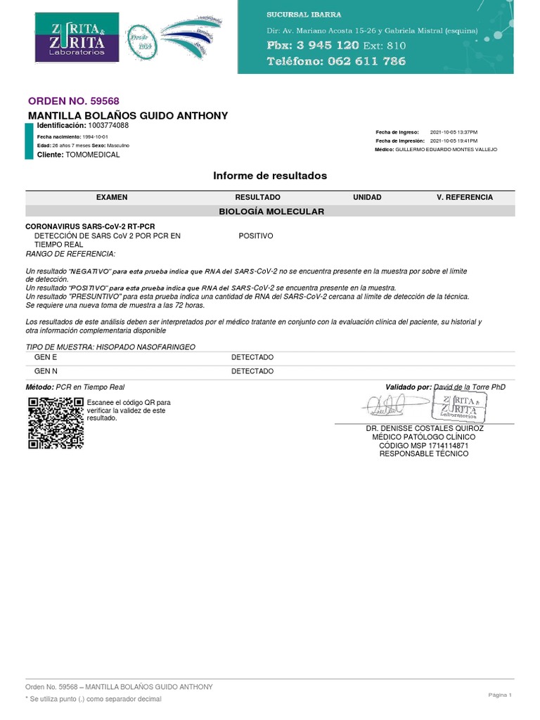 Informe PCR positivo de Guido Mantilla | PDF | Biotecnología | Medicina