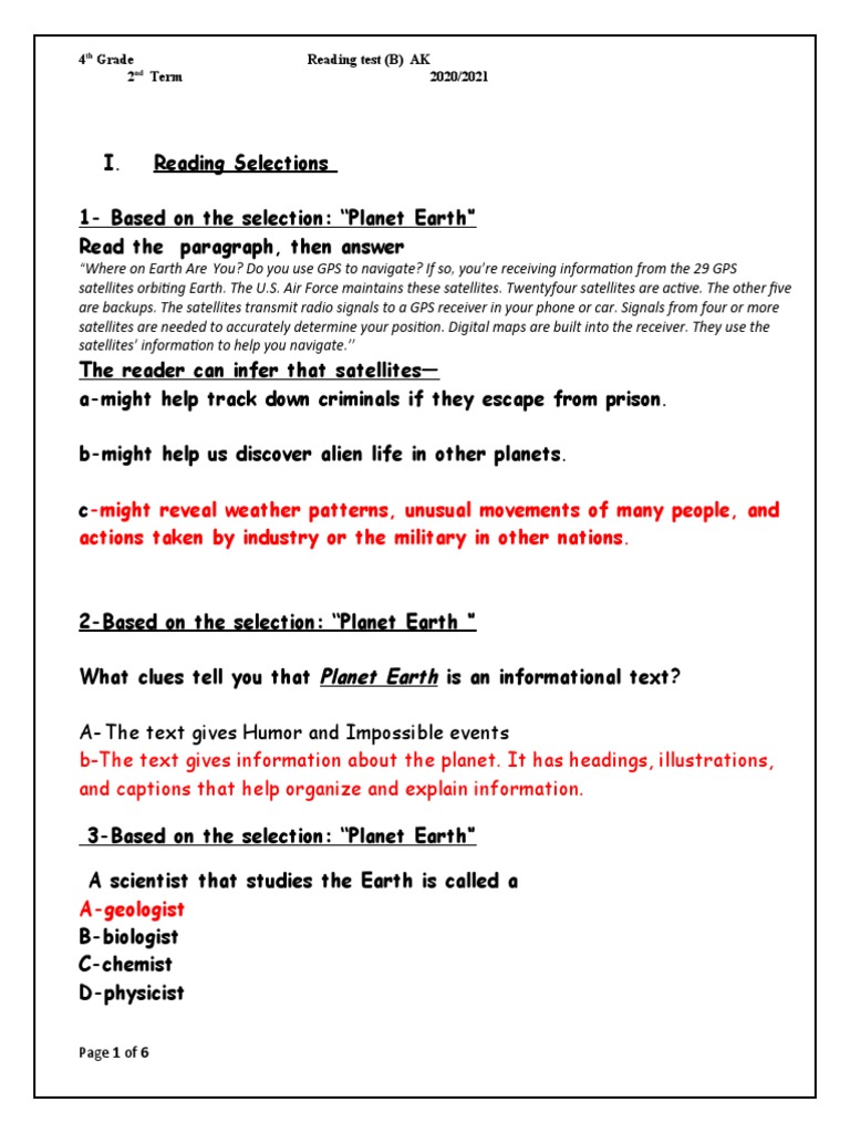Reading Test (B) AK Gr4 SECOND TERM | PDF | Satellite | Global ...