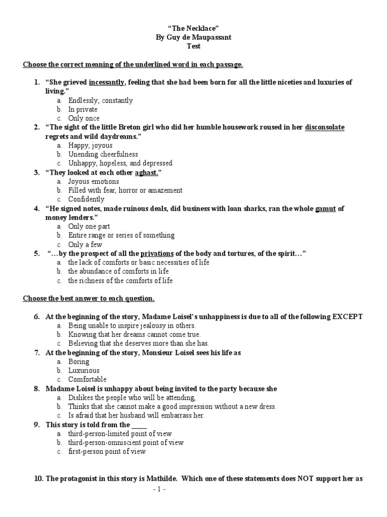 Demo The Necklace Multiple Choice Test and Key 3957214 | PDF | Poetry ...