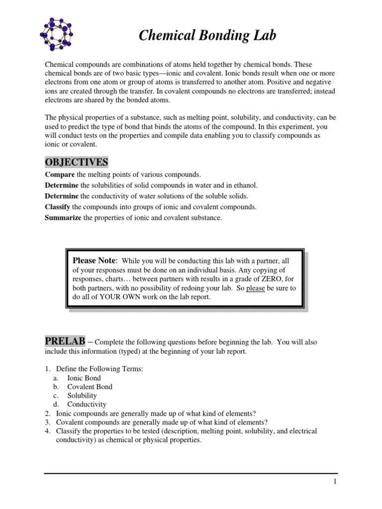 Chemical Bonding Lab: Objectives | PDF | Ionic Bonding | Chemical Bond