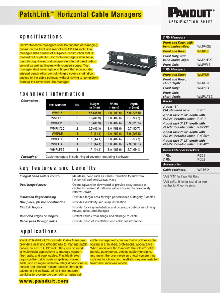 Patchlink Horizontal Cable Managers: Specifications | PDF | Equipment | Manufactured Goods
