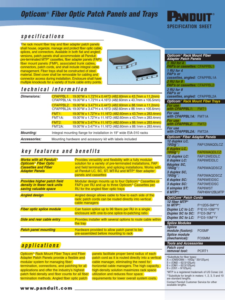 Opticom Fiber Optic Patch Panels and Trays: Specifications | PDF ...