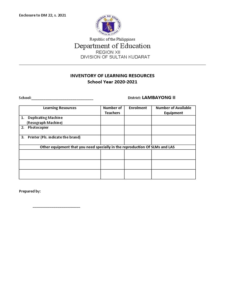 Blank Form Inventory of Learning Resources | PDF