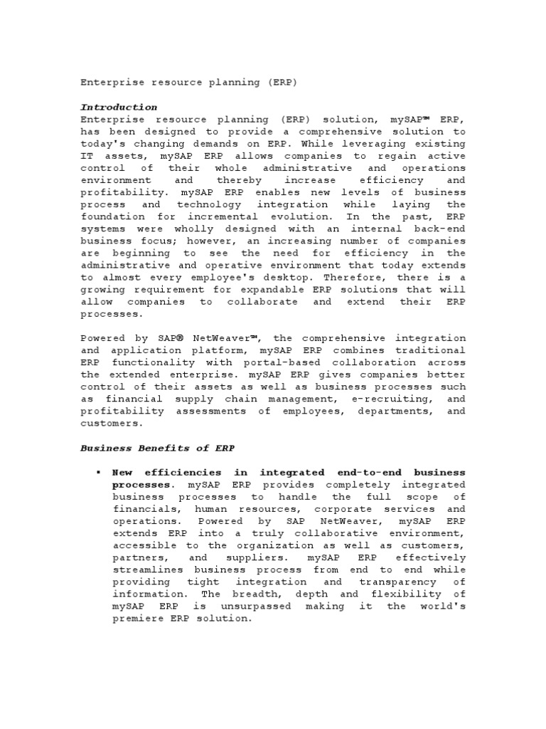 New Efficiencies in Integrated End-To-End Business Processes. Mysap Erp Provides Completely ...